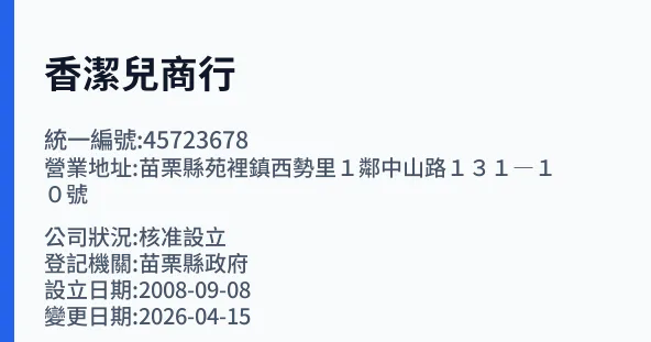 香潔兒商行的照片-統編 45723678(苗栗縣) 公司登記資料與營業項目詳細圖表