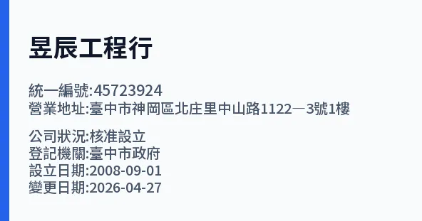 昱辰工程行的照片-統編 45723924(臺中市) 公司登記資料與營業項目詳細圖表