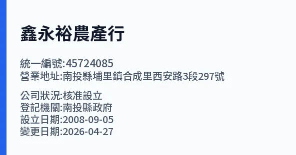鑫永裕農產行的照片-統編 45724085(南投縣) 公司登記資料與營業項目詳細圖表
