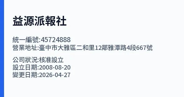益源派報社的照片-統編 45724888(臺中市) 公司登記資料與營業項目詳細圖表