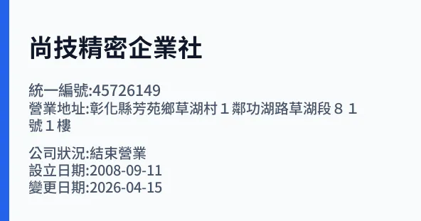 尚技精密企業社的照片-統編 45726149(彰化縣) 公司登記資料與營業項目詳細圖表
