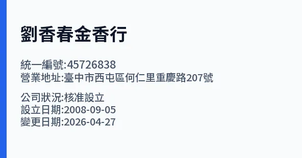 劉香春金香行的照片-統編 45726838(臺中市) 公司登記資料與營業項目詳細圖表