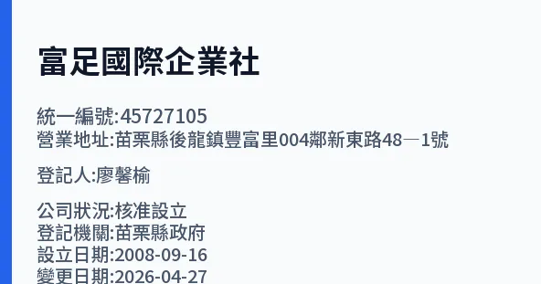 富足國際企業社的照片-統編 45727105(苗栗縣) 公司登記資料與營業項目詳細圖表