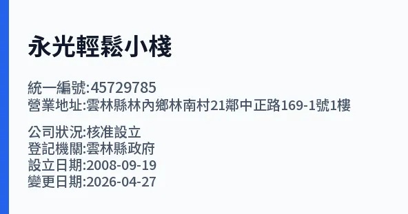 永光輕鬆小棧的照片-統編 45729785(雲林縣) 公司登記資料與營業項目詳細圖表