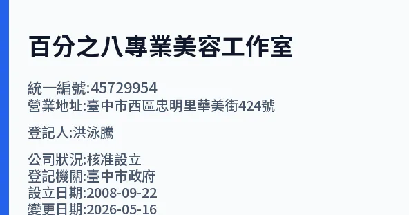 百分之八專業美容工作室的照片-統編 45729954(臺中市) 公司登記資料與營業項目詳細圖表