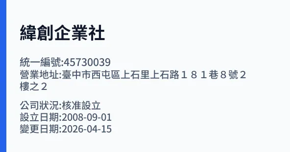 緯創企業社的照片-統編 45730039(臺中市) 公司登記資料與營業項目詳細圖表