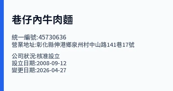 巷仔內牛肉麵的照片-統編 45730636(彰化縣) 公司登記資料與營業項目詳細圖表