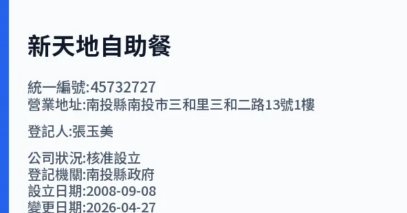 新天地自助餐的照片-統編 45732727(南投縣) 公司登記資料與營業項目詳細圖表