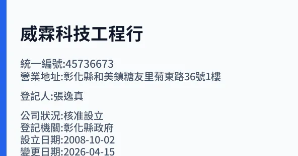 威霖科技工程行的照片-統編 45736673(彰化縣) 公司登記資料與營業項目詳細圖表