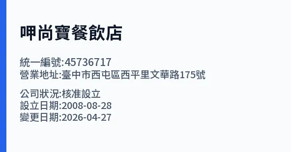 呷尚寶餐飲店的照片-統編 45736717(臺中市) 公司登記資料與營業項目詳細圖表