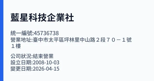 藍星科技企業社的照片-統編 45736738(臺中市) 公司登記資料與營業項目詳細圖表