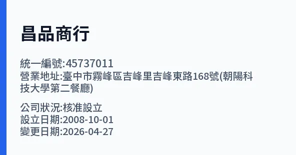 昌品商行的照片-統編 45737011(臺中市) 公司登記資料與營業項目詳細圖表