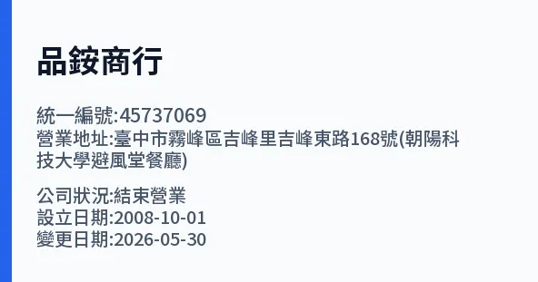 品銨商行的照片-統編 45737069(臺中市) 公司登記資料與營業項目詳細圖表