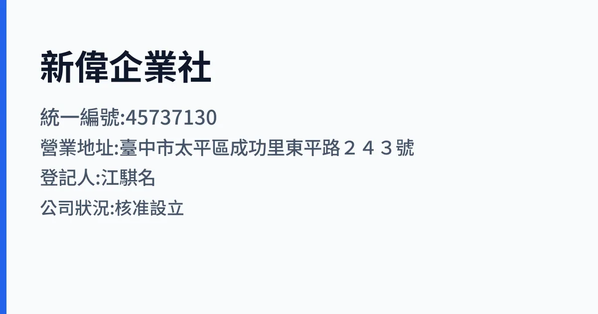 新偉企業社 - 統編 45737130(臺中市) 公司登記資料與營業項目詳細圖表