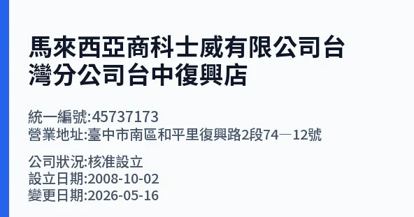 馬來西亞商科士威有限公司台灣分公司台中復興店的照片-統編 45737173(臺中市) 公司登記資料與營業項目詳細圖表