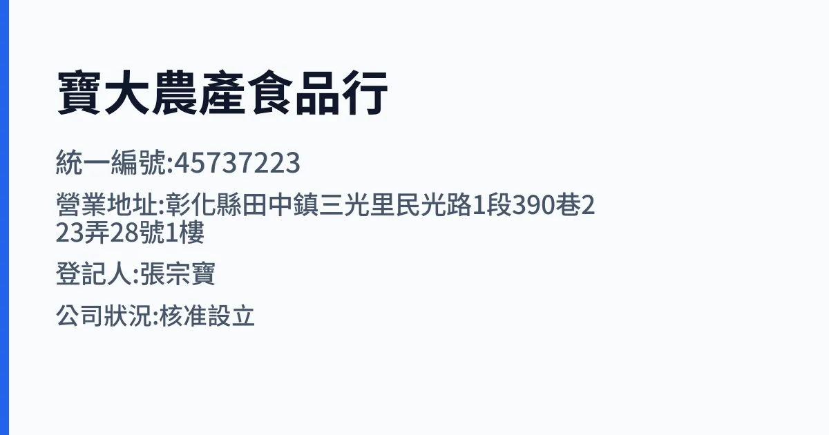 寶大農產食品行 - 統編 45737223(彰化縣) 公司登記資料與營業項目詳細圖表