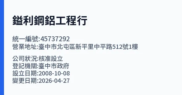 鎰利鋼鋁工程行的照片-統編 45737292(臺中市) 公司登記資料與營業項目詳細圖表