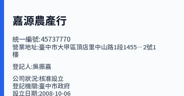嘉源農產行的照片-統編 45737770(臺中市) 公司登記資料與營業項目詳細圖表