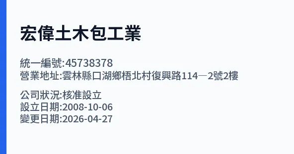 宏偉土木包工業的照片-統編 45738378(雲林縣) 公司登記資料與營業項目詳細圖表