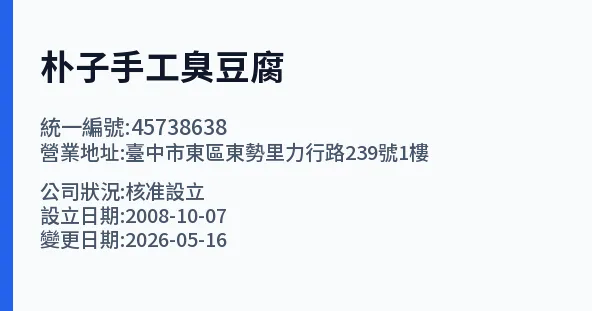 朴子手工臭豆腐的照片-統編 45738638(臺中市) 公司登記資料與營業項目詳細圖表