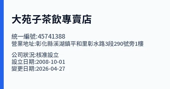 大苑子茶飲專賣店的照片-統編 45741388(彰化縣) 公司登記資料與營業項目詳細圖表