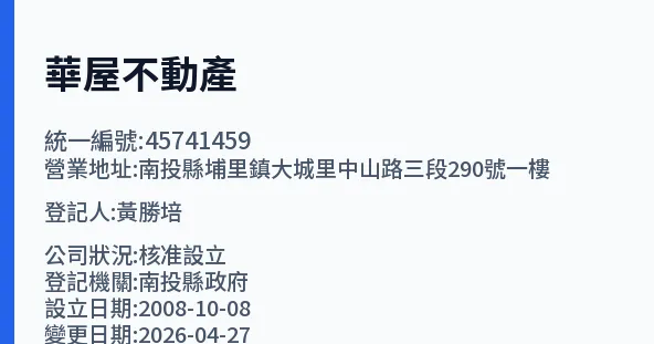 華屋不動產的照片-統編 45741459(南投縣) 公司登記資料與營業項目詳細圖表