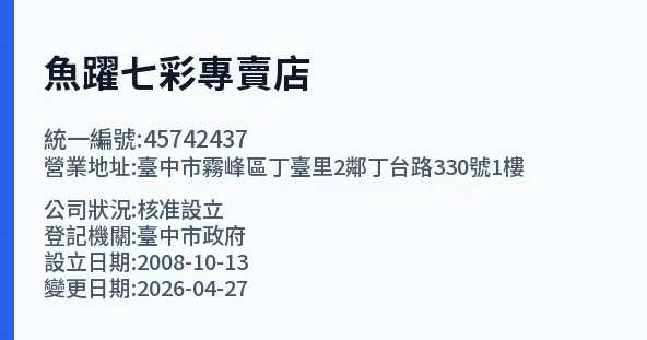 魚躍七彩專賣店的照片-統編 45742437(臺中市) 公司登記資料與營業項目詳細圖表