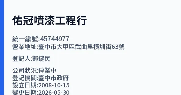 佑冠噴漆工程行的照片-統編 45744977(臺中市) 公司登記資料與營業項目詳細圖表