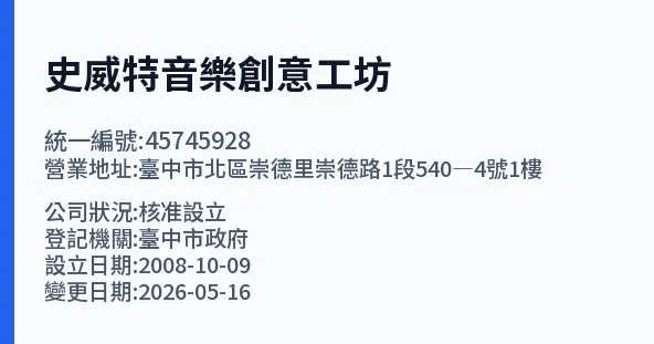 史威特音樂創意工坊的照片-統編 45745928(臺中市) 公司登記資料與營業項目詳細圖表