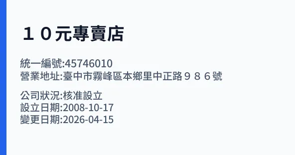 １０元專賣店的照片-統編 45746010(臺中市) 公司登記資料與營業項目詳細圖表