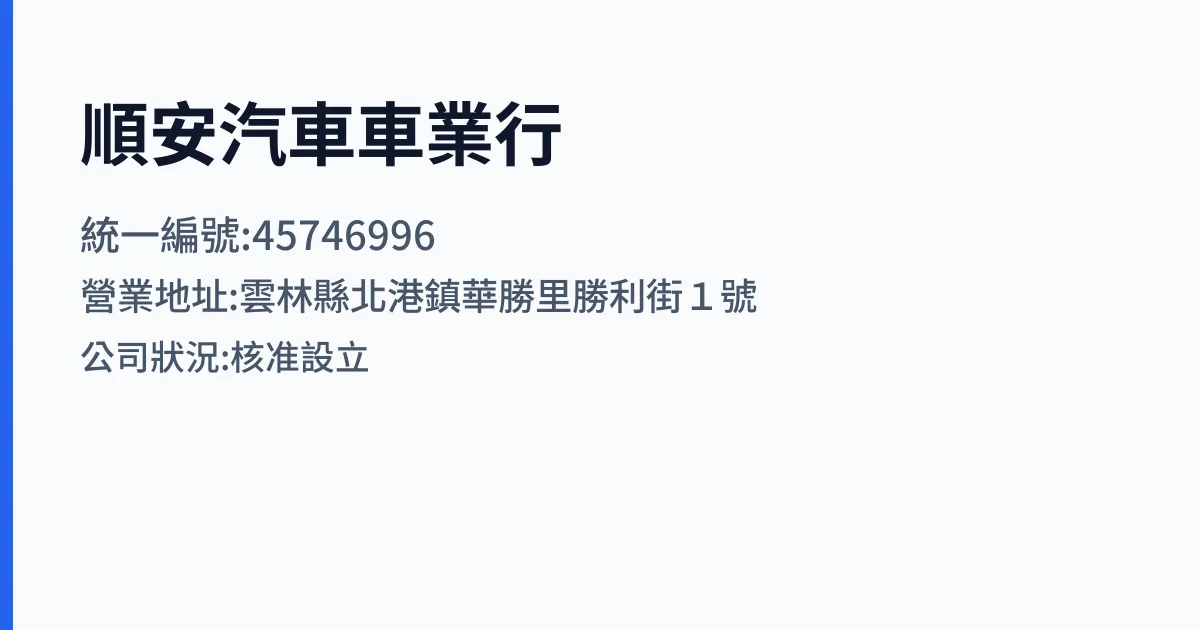 順安汽車車業行 - 統編 45746996(雲林縣) 公司登記資料與營業項目詳細圖表