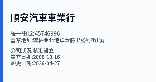 順安汽車車業行的照片-統編 45746996(雲林縣) 公司登記資料與營業項目詳細圖表