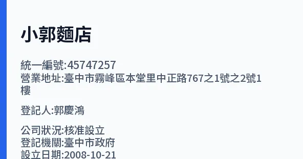 小郭麵店的照片-統編 45747257(臺中市) 公司登記資料與營業項目詳細圖表