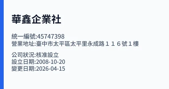 華鑫企業社的照片-統編 45747398(臺中市) 公司登記資料與營業項目詳細圖表