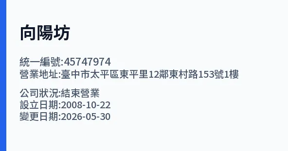向陽坊的照片-統編 45747974(臺中市) 公司登記資料與營業項目詳細圖表