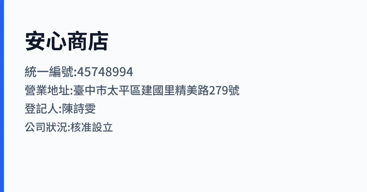 安心商店 - 統編 45748994(臺中市) 公司登記資料與營業項目詳細圖表
