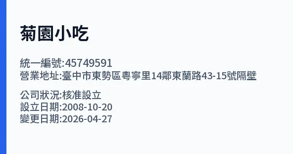 菊園小吃的照片-統編 45749591(臺中市) 公司登記資料與營業項目詳細圖表