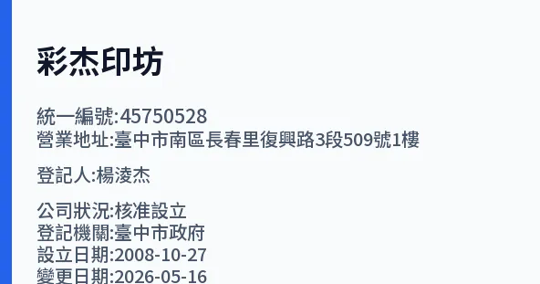 彩杰印坊的照片-統編 45750528(臺中市) 公司登記資料與營業項目詳細圖表