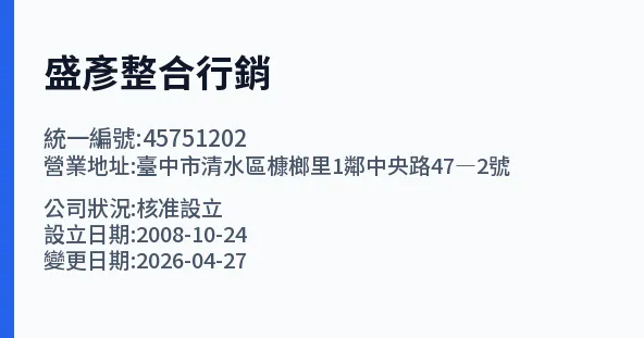 盛彥整合行銷的照片-統編 45751202(臺中市) 公司登記資料與營業項目詳細圖表