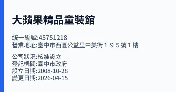 大蘋果精品童裝館的照片-統編 45751218(臺中市) 公司登記資料與營業項目詳細圖表