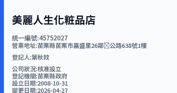 美麗人生化粧品店的照片-統編 45752027(苗栗縣) 公司登記資料與營業項目詳細圖表