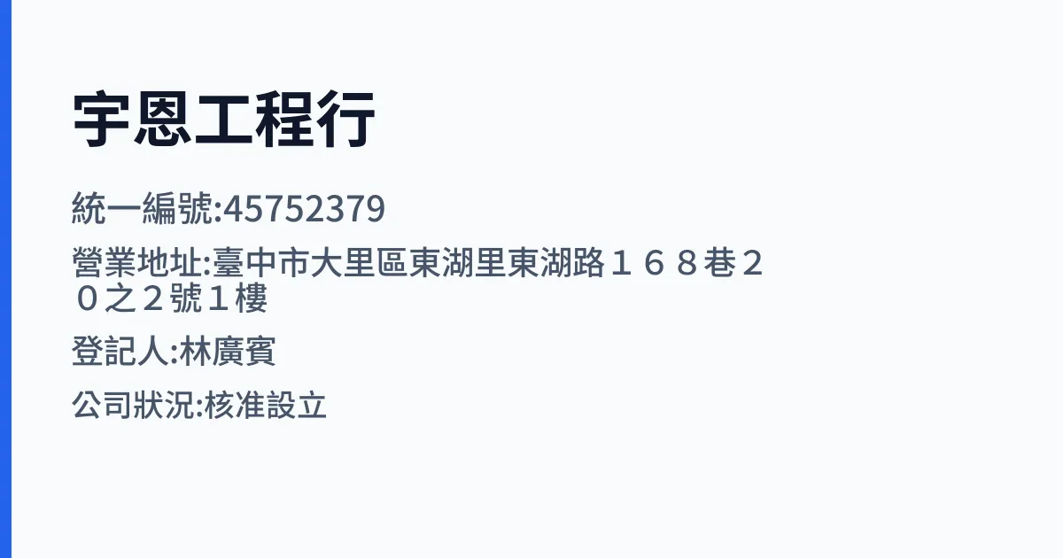 宇恩工程行 - 統編 45752379(臺中市) 公司登記資料與營業項目詳細圖表