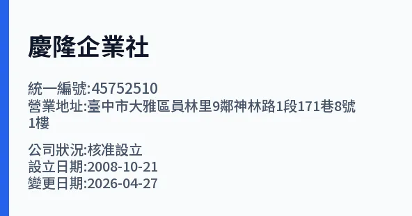慶隆企業社的照片-統編 45752510(臺中市) 公司登記資料與營業項目詳細圖表