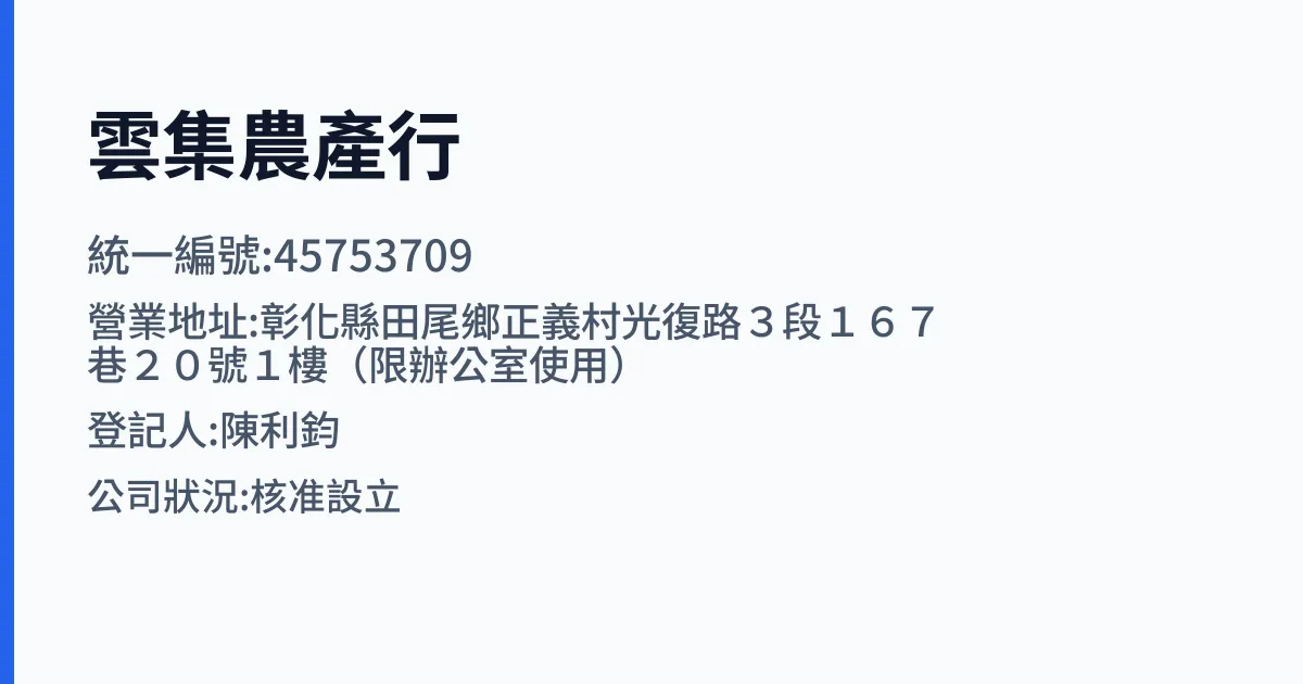 雲集農產行 - 統編 45753709（彰化縣） 公司登記資料與營業項目詳細圖表