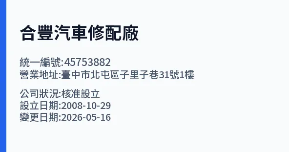 合豐汽車修配廠的照片-統編 45753882(臺中市) 公司登記資料與營業項目詳細圖表