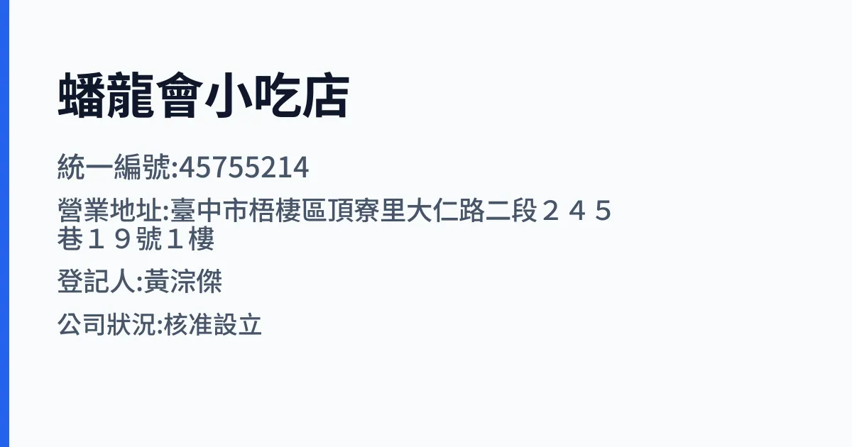 蟠龍會小吃店 - 統編 45755214(臺中市) 公司登記資料與營業項目詳細圖表