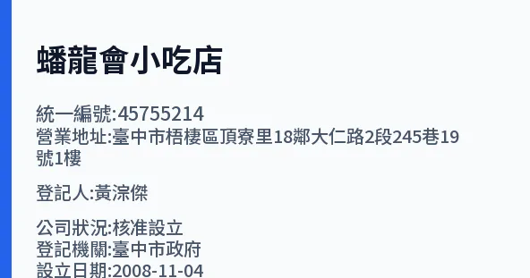 蟠龍會小吃店的照片-統編 45755214(臺中市) 公司登記資料與營業項目詳細圖表