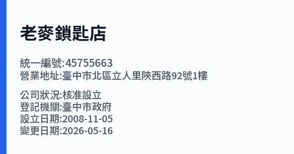 老麥鎖匙店的照片-統編 45755663(臺中市) 公司登記資料與營業項目詳細圖表
