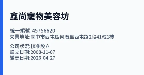 鑫尚寵物美容坊的照片-統編 45756620(臺中市) 公司登記資料與營業項目詳細圖表
