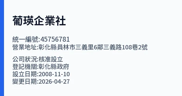 葡瑛企業社的照片-統編 45756781(彰化縣) 公司登記資料與營業項目詳細圖表